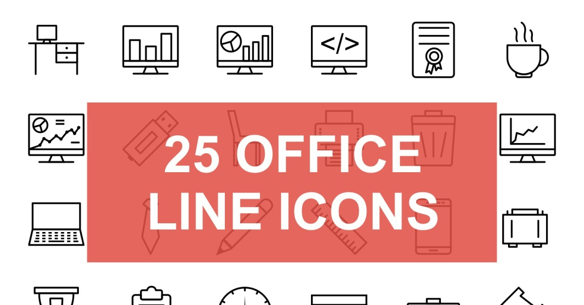 25 Office Line Black Icon Set #100596 - TemplateMonster