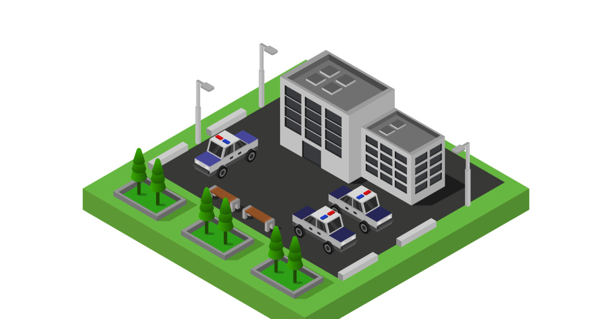Isometric and colorful police station on a white background - Vector Image