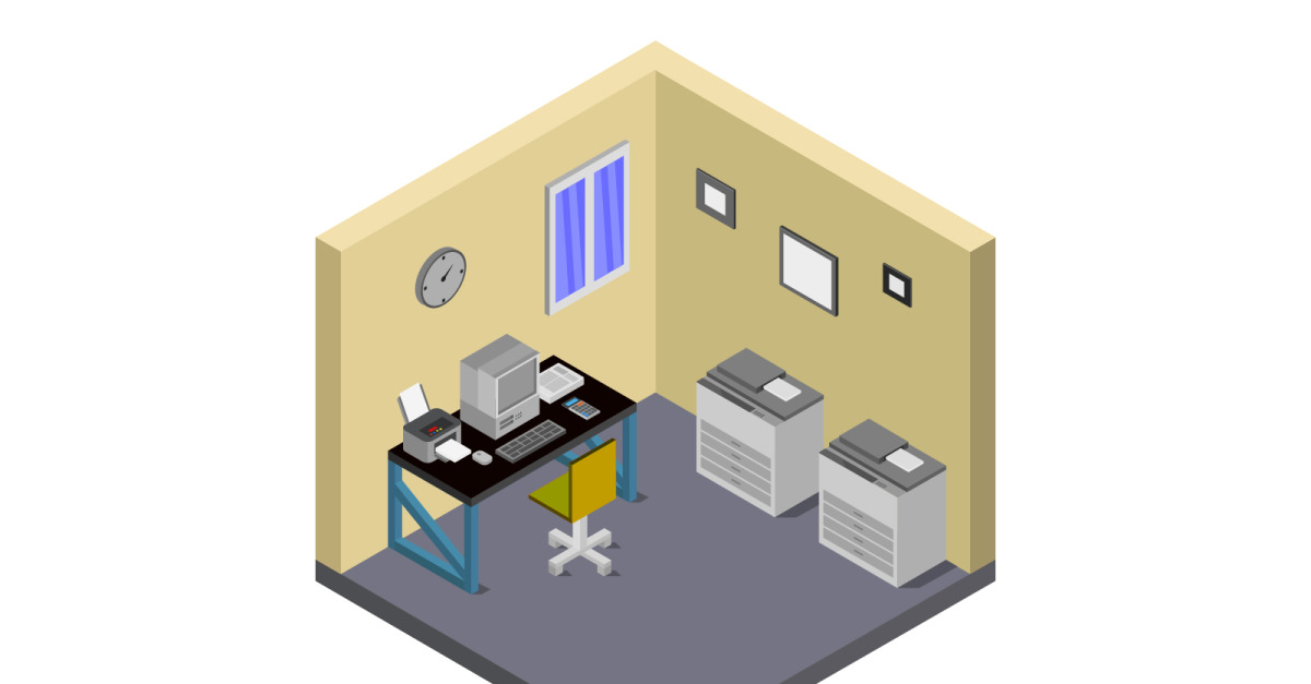 Isometric and colorful office room - Vector Image