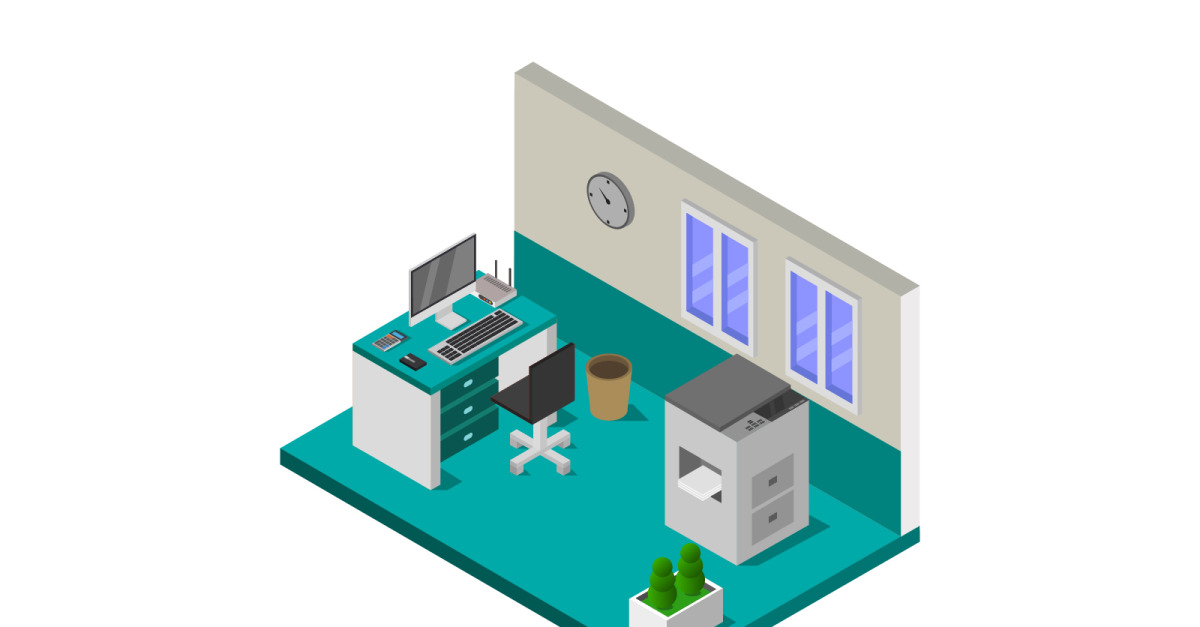 Isometric Office Room On White Background - Vector Image
