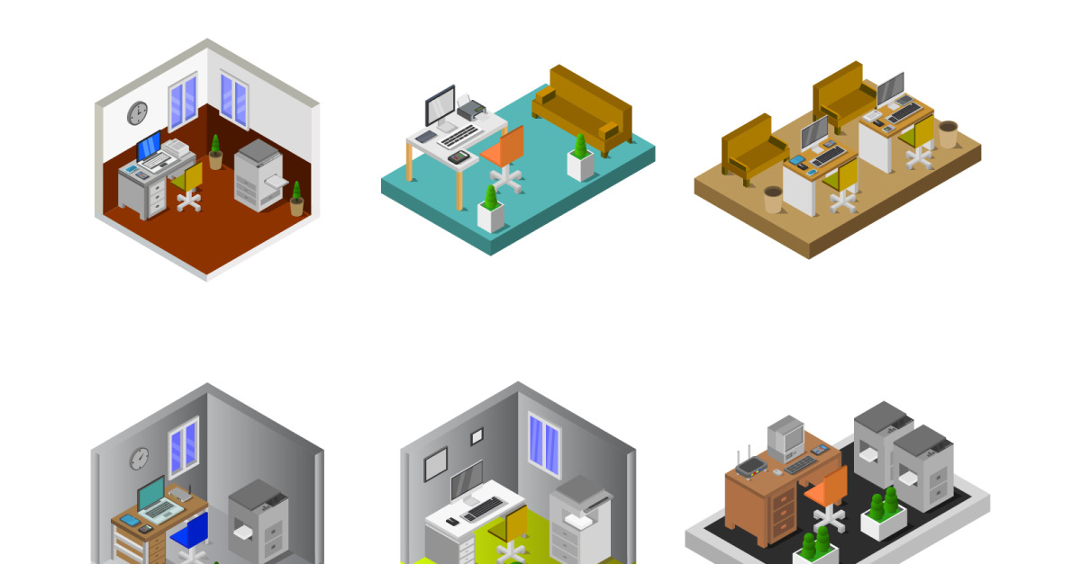 Isometric Office Room Set On White Background - Vector Image
