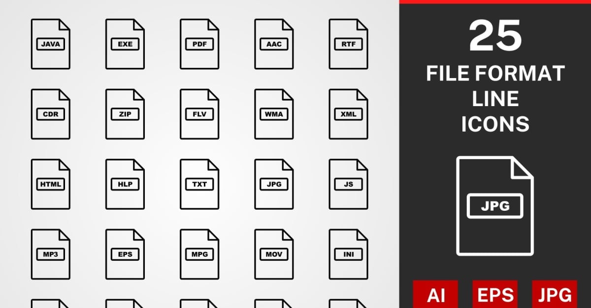 25 File Formats LINE PACK Icon Set #114510 - TemplateMonster