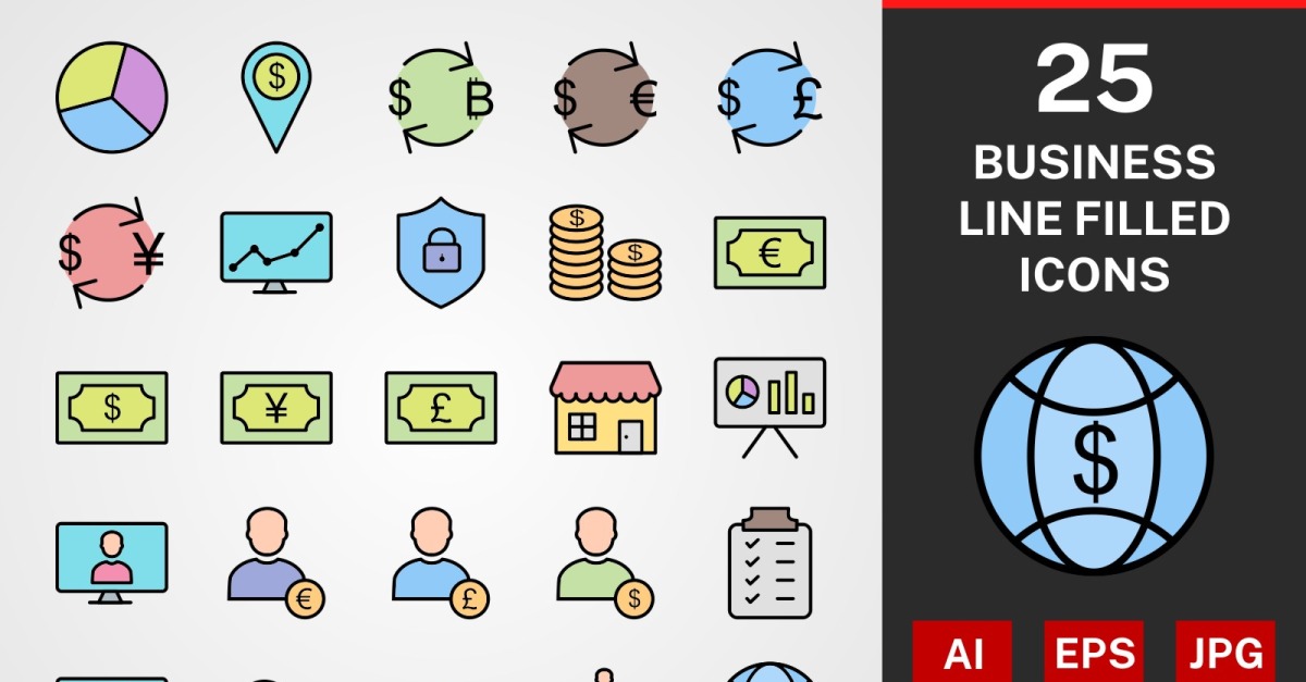 25 Business LINE filled PACK Icon Set - TemplateMonster