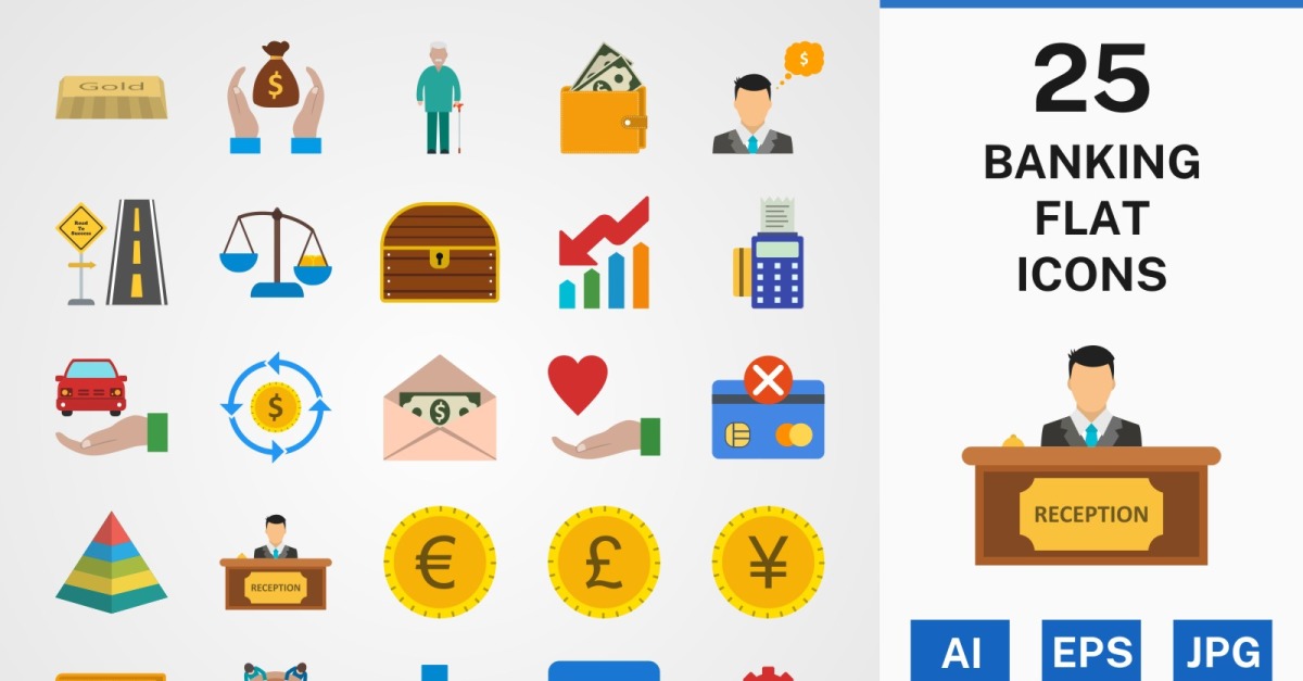 25 BANKING FLAT PACK Icon Set #115470 - TemplateMonster