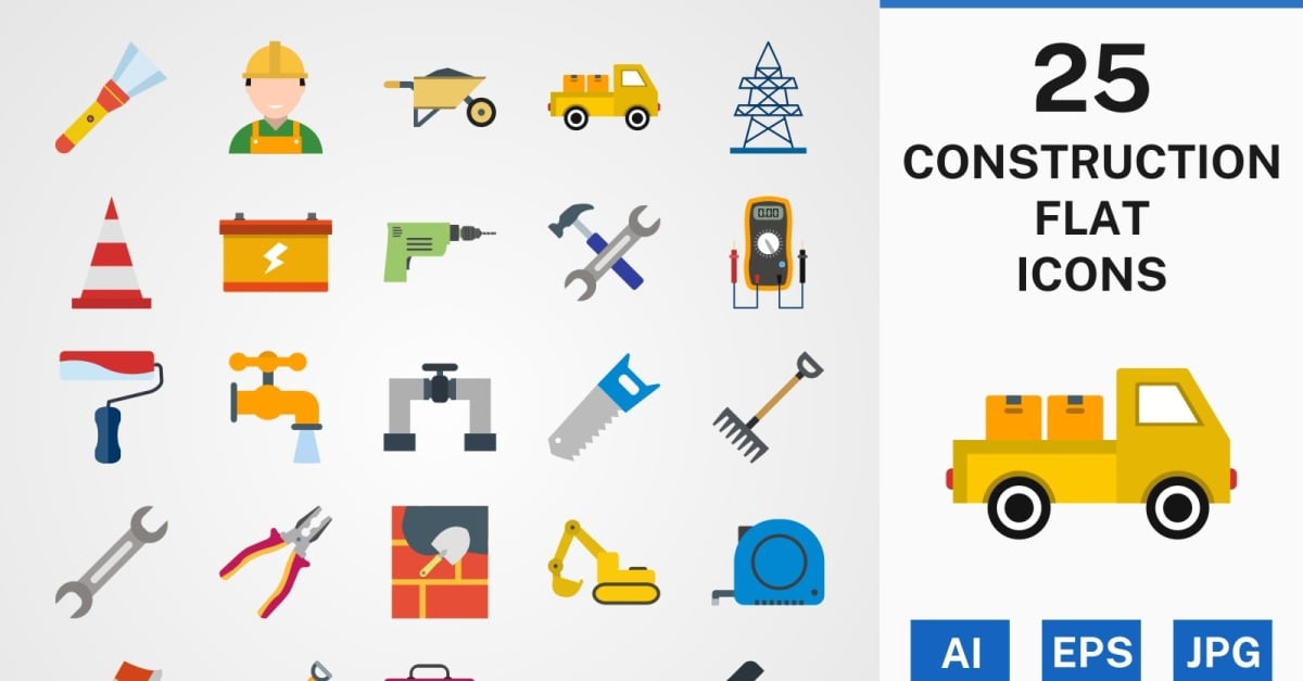 25 Construction FLAT PACK Icon Set #115490 - TemplateMonster