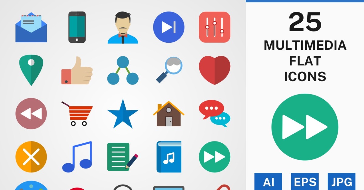 25 MULTIMEDIA FLAT PACK Icon Set #115489 - TemplateMonster