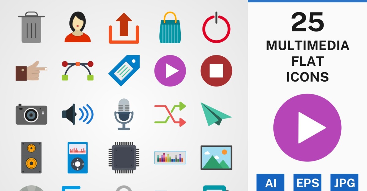 25 MULTIMEDIA FLAT PACK Icon Set #115491 - TemplateMonster