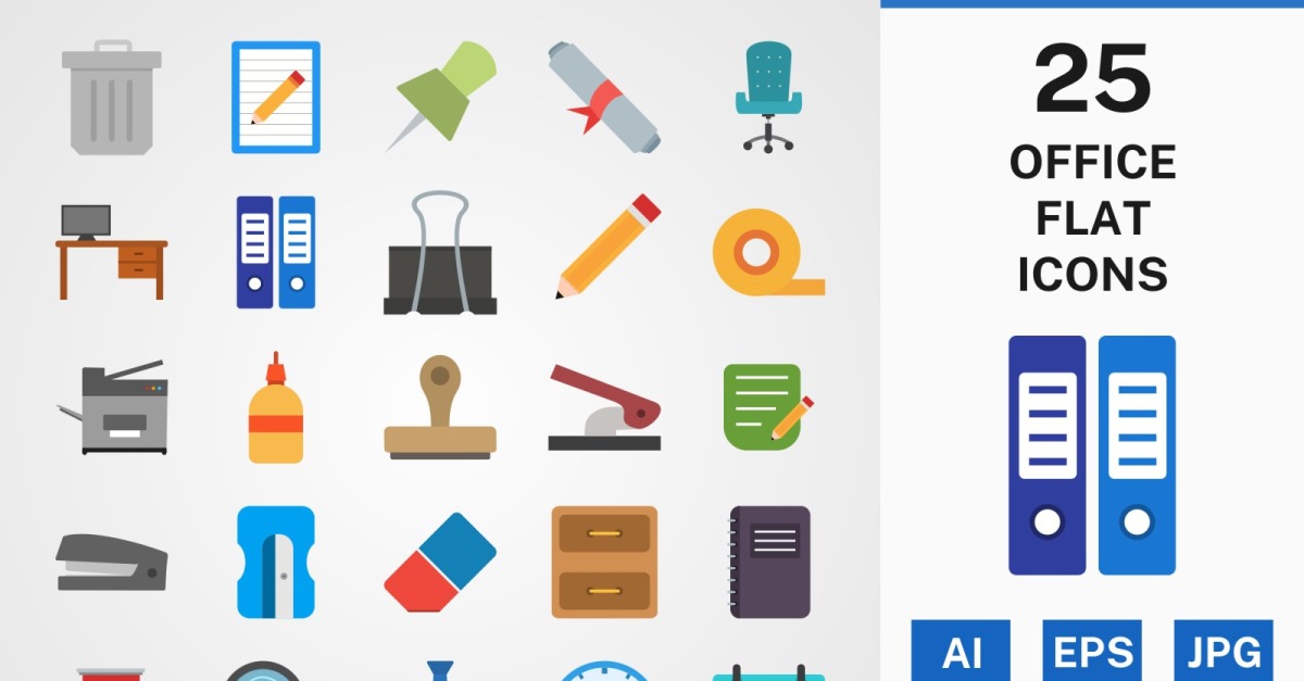 25 OFFICE FLAT PACK Icon Set #115465 - TemplateMonster