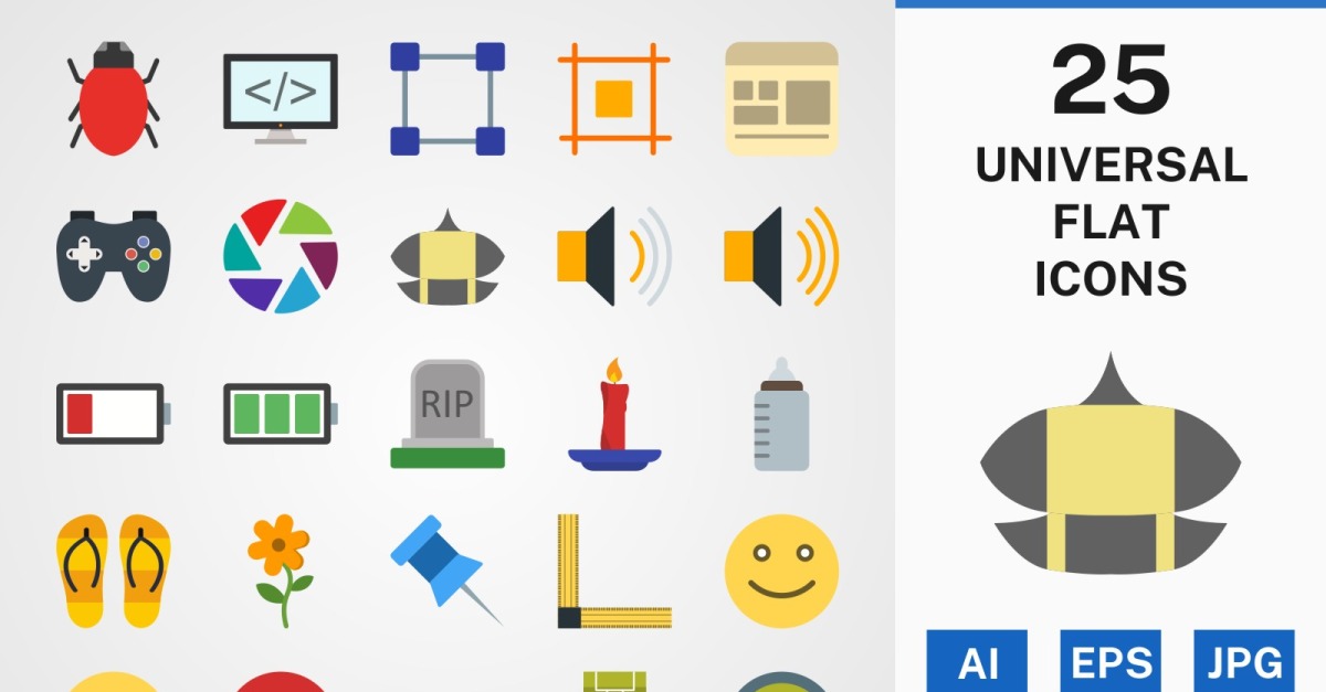 25 UNIVERSAL FLAT PACK Icon Set #115476 - TemplateMonster
