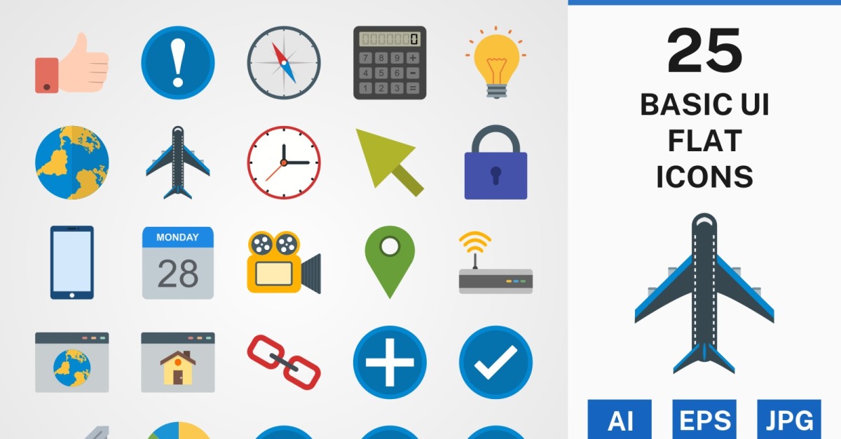 25 Basic UI FLAT PACK Icon Set #115502 - TemplateMonster