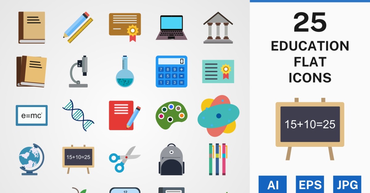 25 Education FLAT PACK Icon Set #115505 - TemplateMonster