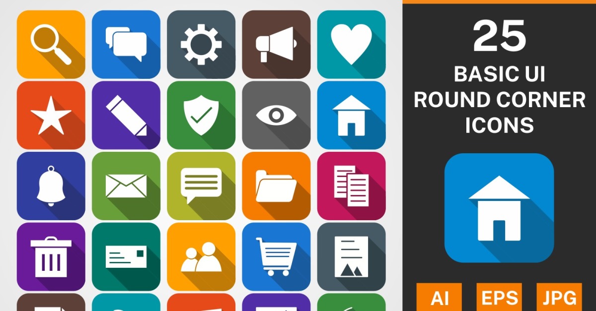 25 BASIC UI Round Corner Shadowed PACK Icon Set