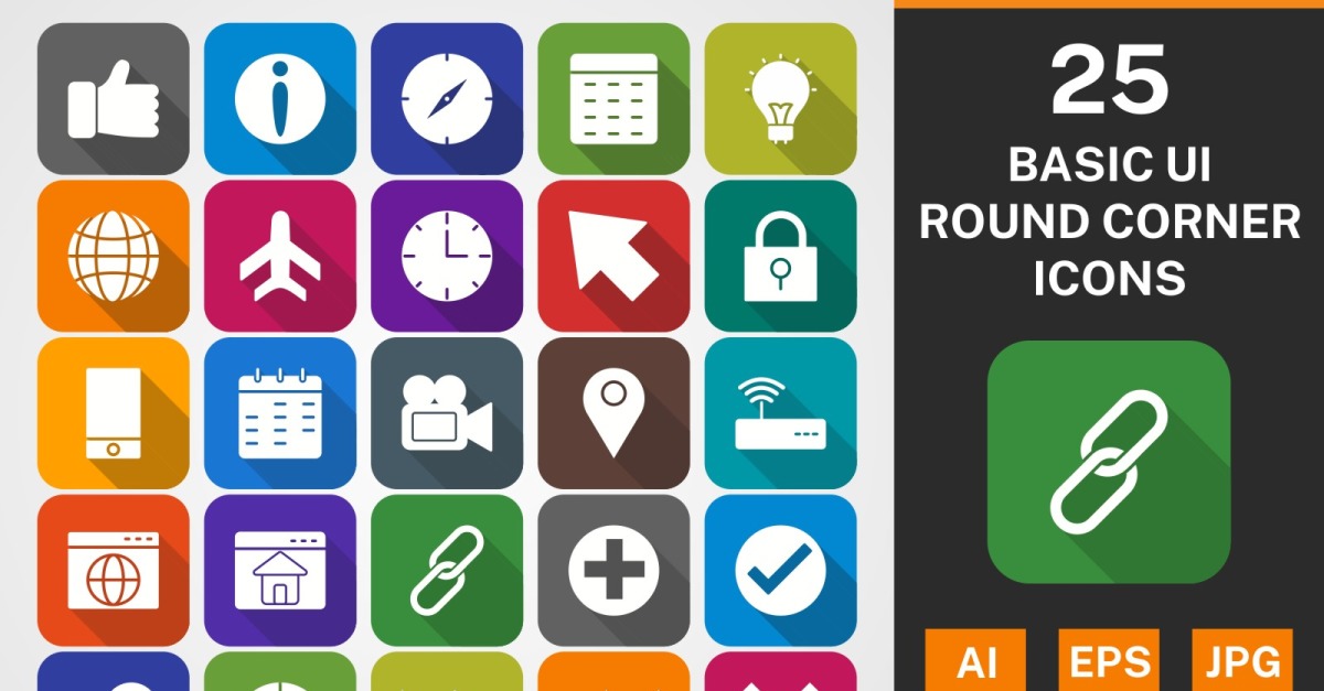 25 BASIC UI Round Corner Shadowed PACK Icon Set