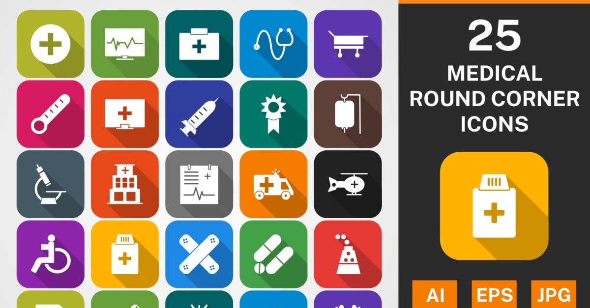 25 MEDICAL Round Corner Shadowed PACK Icon Set