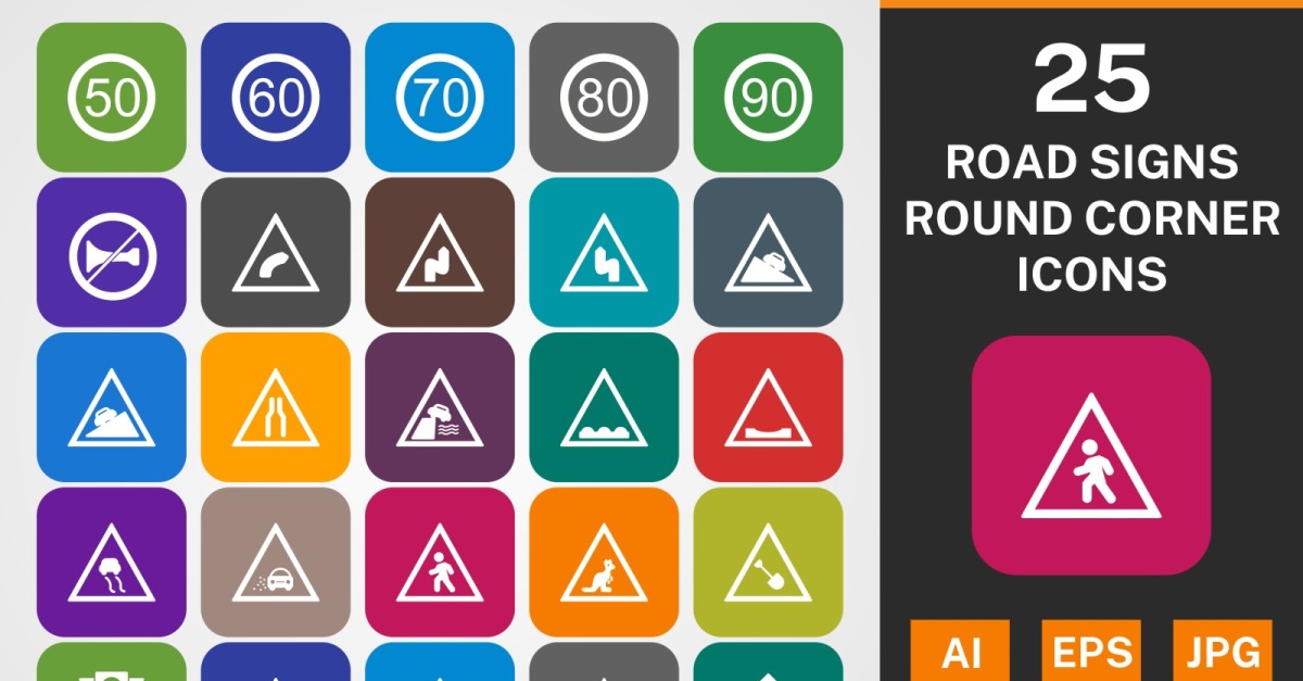 25 ROAD SIGNS ROUND CORNER GLYPH PACK Icon Set