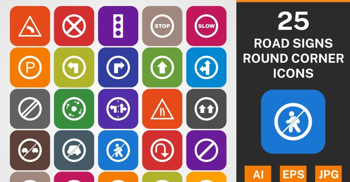 25 ROAD SIGNS ROUND CORNER GLYPH PACK Icon Set