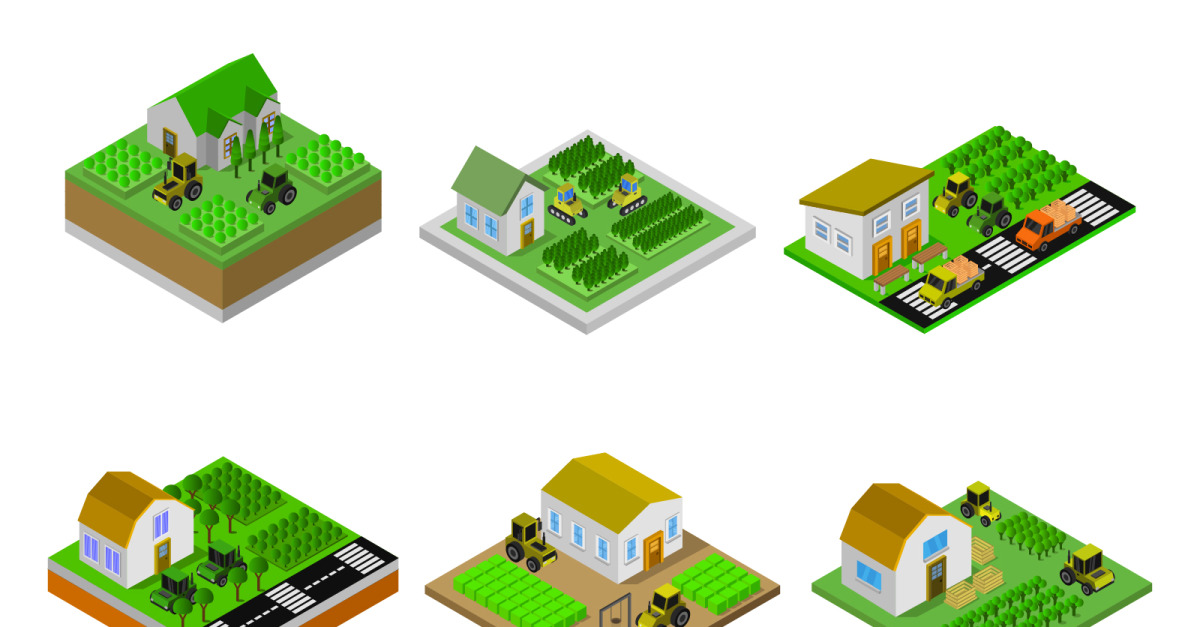 Set Of Isometric Farms - Vector Image - TemplateMonster