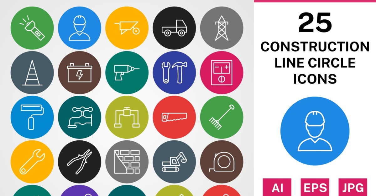 25 CONSTRUCTION LINE CIRCLE PACK Icon Set - TemplateMonster