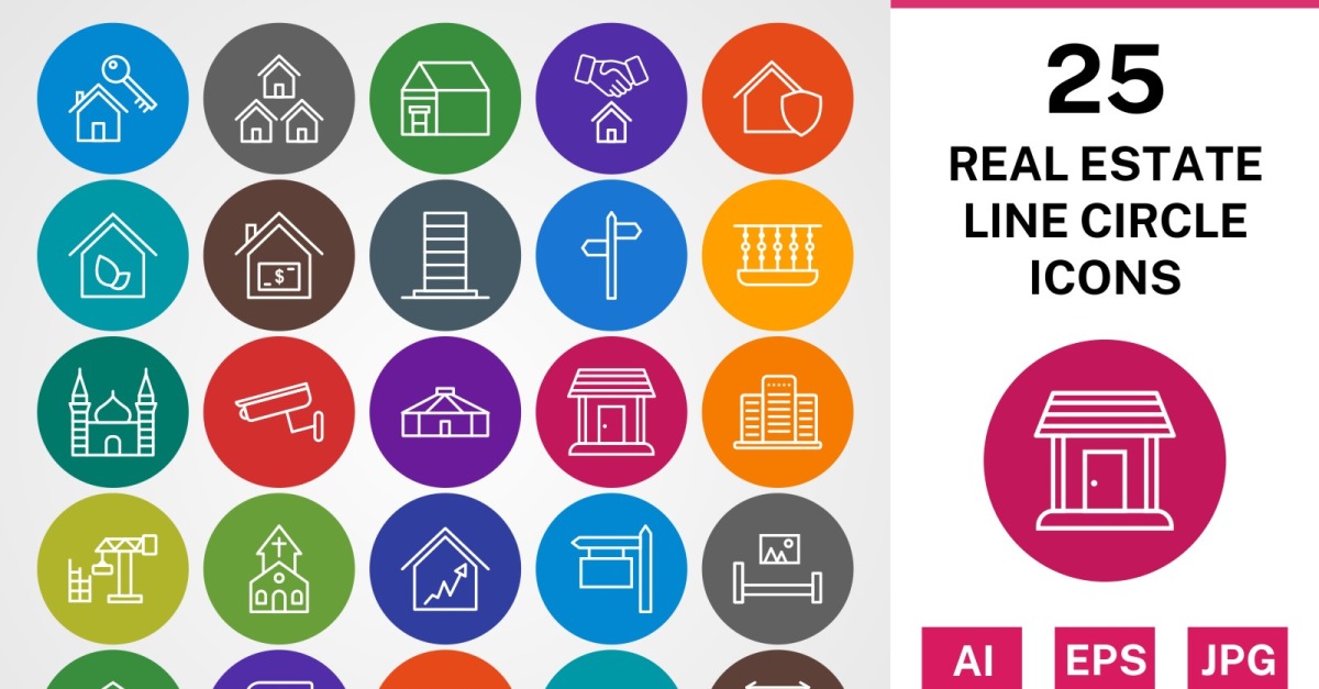 25 REAL ESTATE LINE CIRCLE PACK Icon Set - TemplateMonster