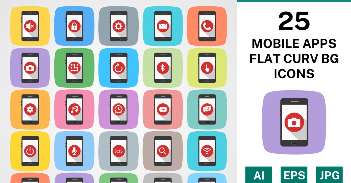 25 MOBILE APPS FLAT CURV BG PACK Icon Set - TemplateMonster