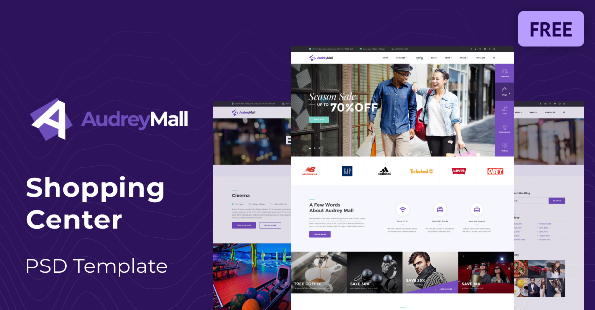 Audrey Mall - Shopping Center, Entertainment Store Free PSD Template