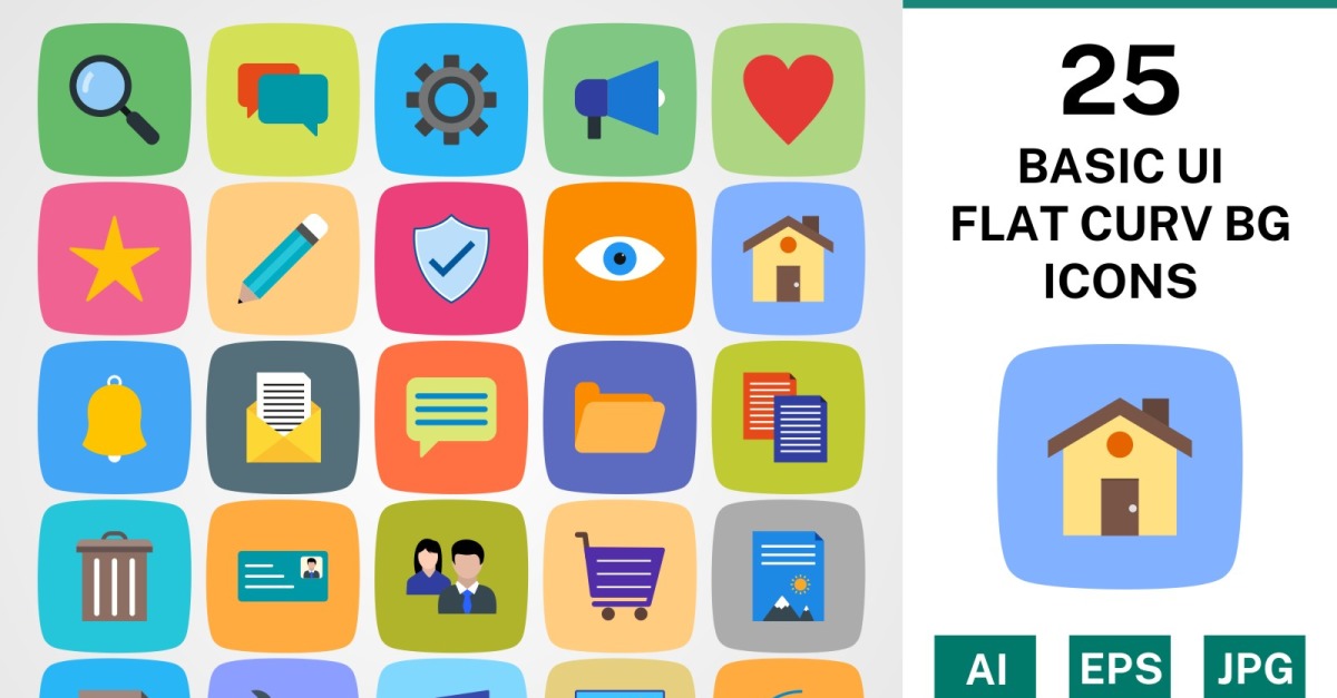 25 BASIC UI FLAT CURV BG PACK Icon Set - TemplateMonster