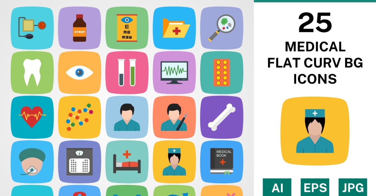 25 MEDICAL FLAT CURV BG PACK Icon Set - TemplateMonster