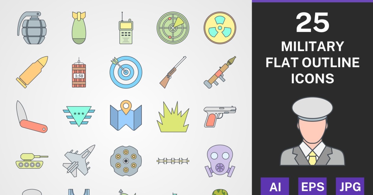 25 MILITARY FLAT OUTLINE PACK Icon Set - TemplateMonster