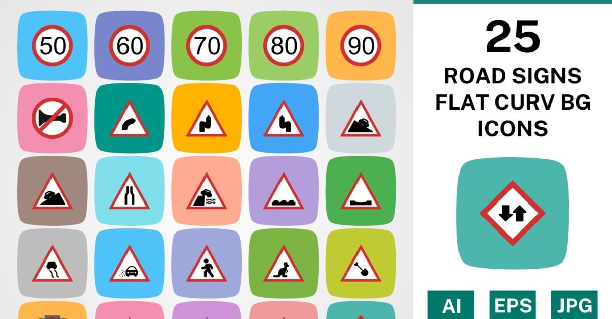 25 ROAD SIGNS FLAT CURV BG PACK Icon Set - TemplateMonster