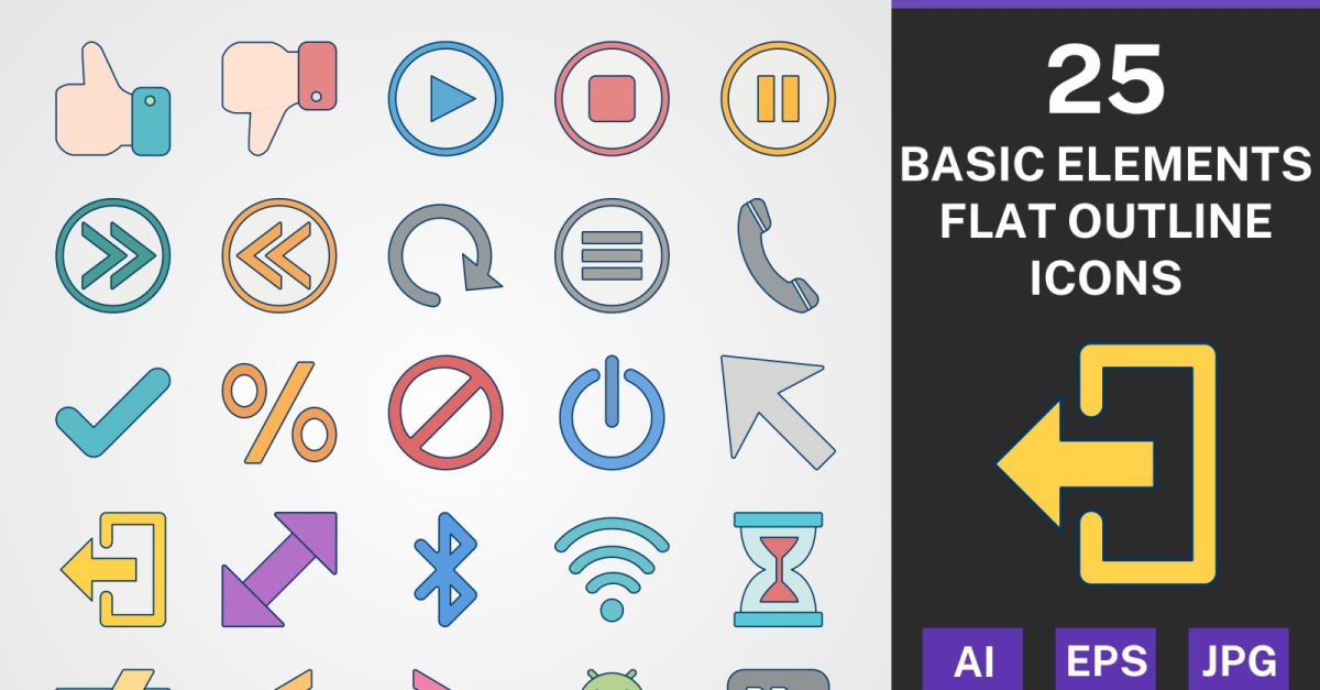 25 BASIC ELEMENTS FLAT OUTLINE PACK Icon Set