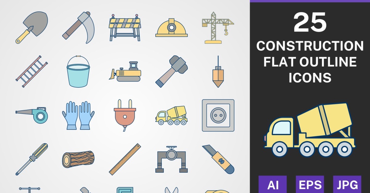 25 CONSTRUCTION FLAT OUTLINE PACK Icon Set - TemplateMonster