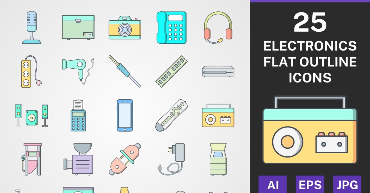 25 ELECTRONIC DEVICES FLAT OUTLINE PACK Icon Set