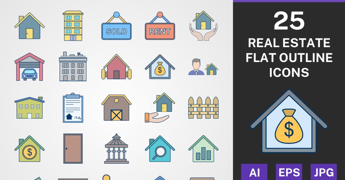 25 REAL ESTATE FLAT OUTLINE PACK Icon Set - TemplateMonster