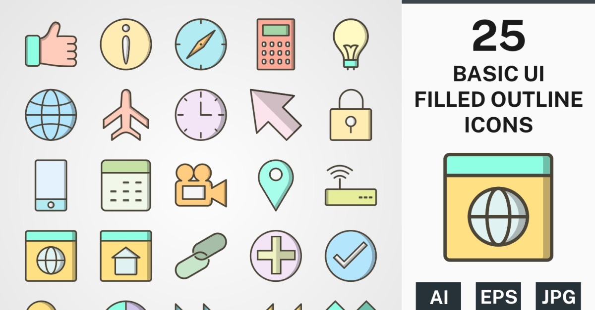 25 BASIC UI FILLED OUTLINE PACK Icon Set - TemplateMonster