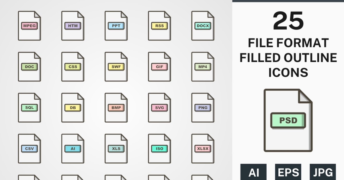 25 FILE FORMAT FILLED OUTLINE PACK Icon Set - TemplateMonster