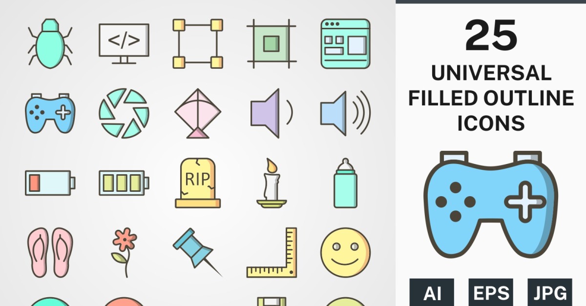 25 UNIVERSAL FILLED OUTLINE PACK Icon Set - TemplateMonster