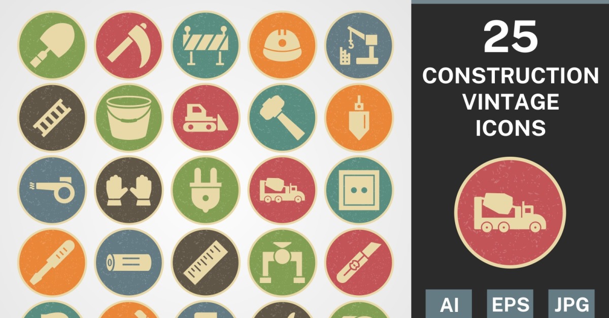 25 CONSTRUCTION VINTAGE PACK Icon Set - TemplateMonster