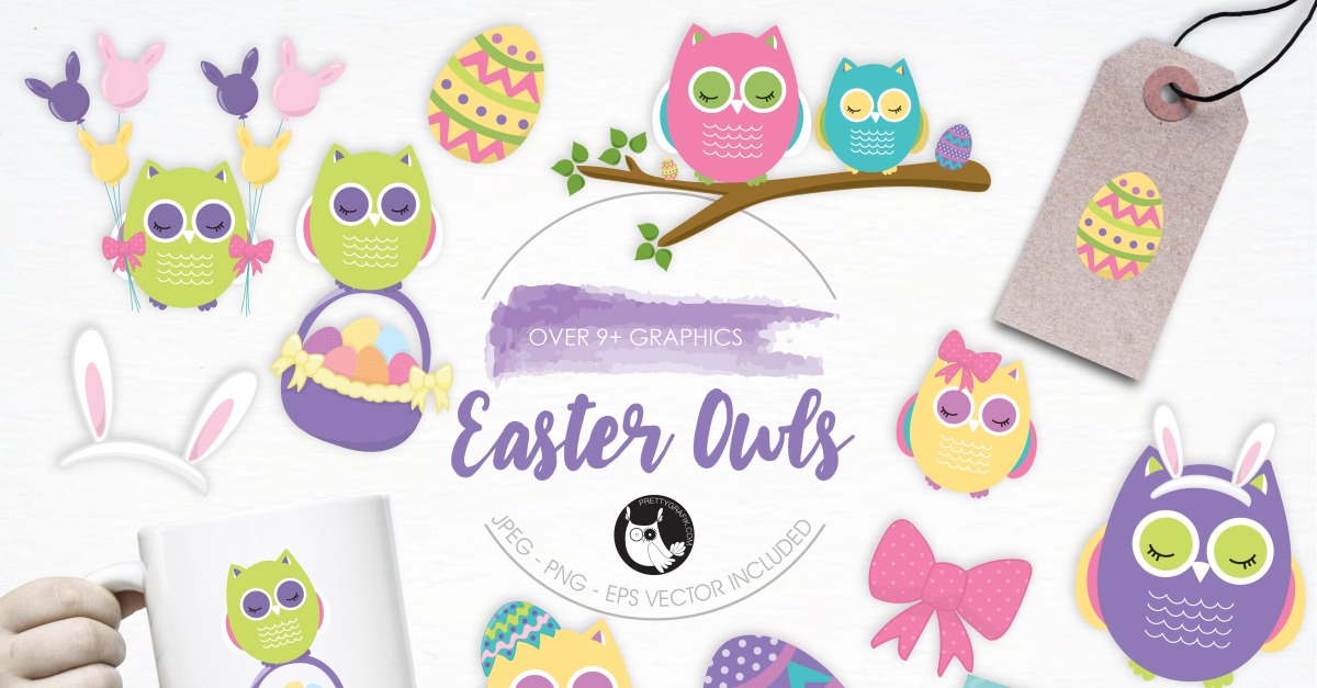 Easter Owls illustration pack - Vector Image