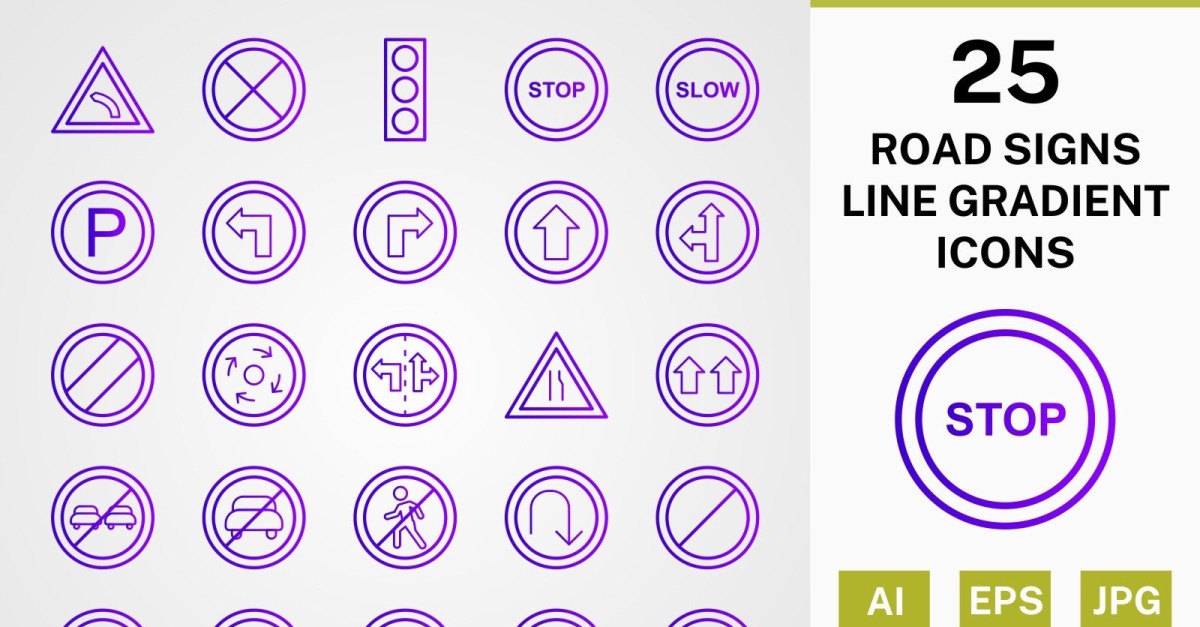 25 ROAD SIGNS LINE GRADIENT PACK Icon Set - TemplateMonster