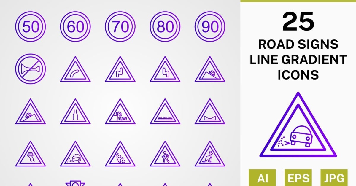 25 ROAD SIGNS LINE GRADIENT PACK Icon Set - TemplateMonster