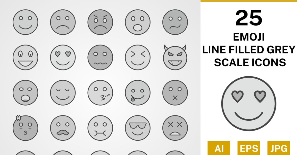 25 Emoji Line Filled Greyscale Icon Set - TemplateMonster