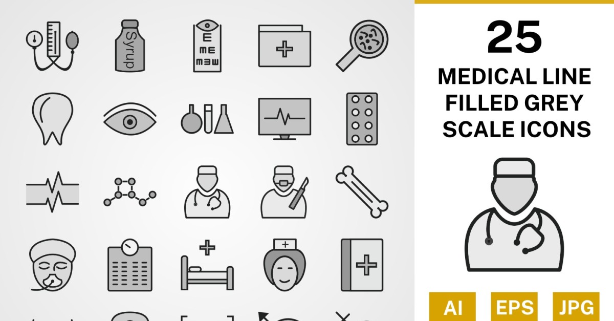 25 Medical Line Filled Greyscale Icon Set - TemplateMonster