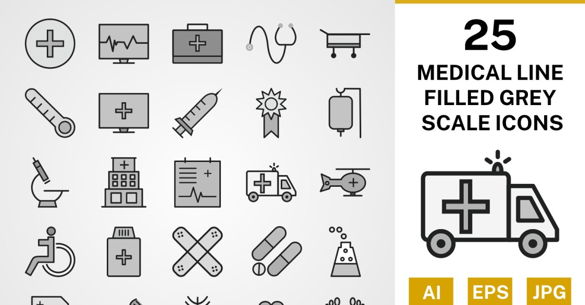 25 Medical Line Filled Greyscale Icon Set - TemplateMonster