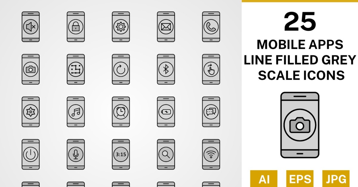 25 Mobile Apps Line Filled Greyscale Icon Set