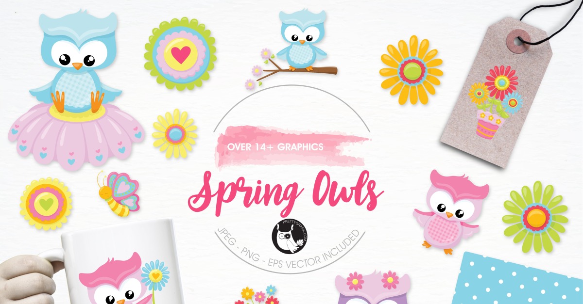 Spring Owls Illustration Pack - Vector Image