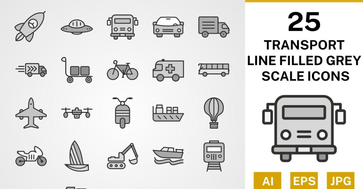 25 Transport Line Filled Greyscale Icon Set - TemplateMonster