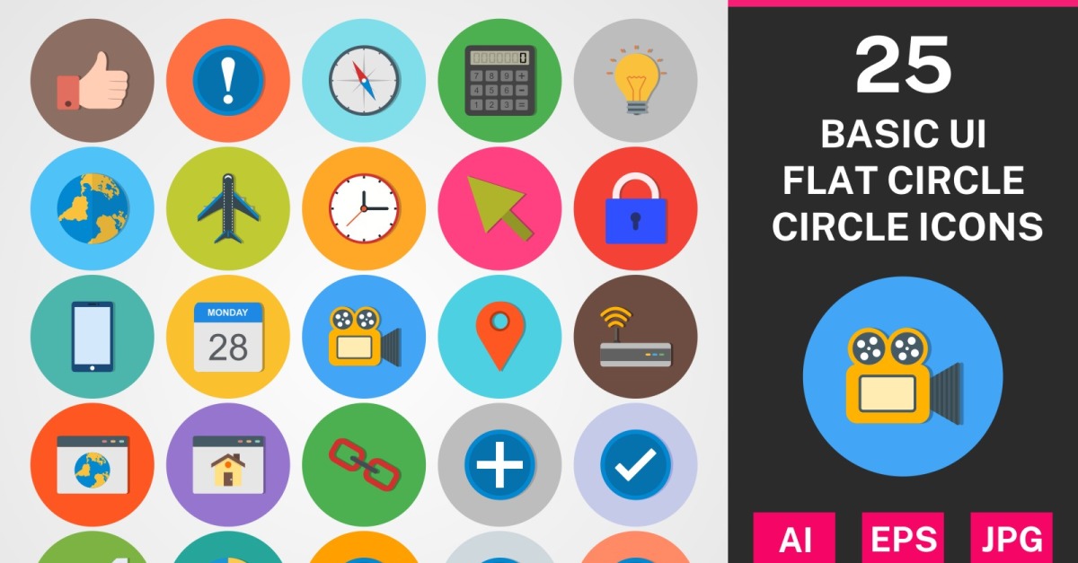 25 Basic ui Flat Circle Icon Set #119409 - TemplateMonster