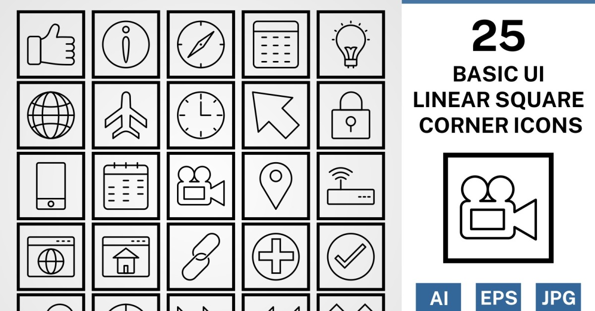 25 Basic UI Linear Square Corner Pack Icon Set