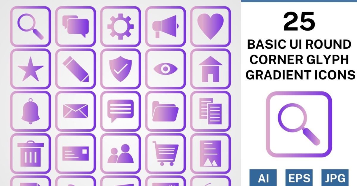 25 Basic ui Round Corner Glyph Gradient Icon Set