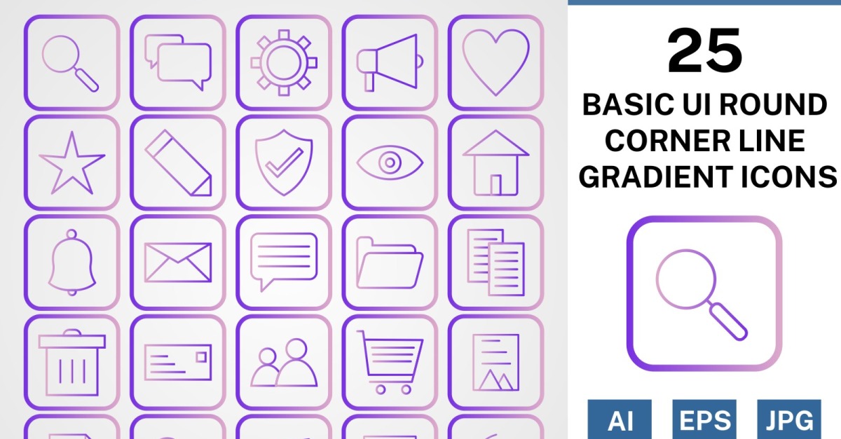 25 Basic ui Round Corner Line Gradient Icon Set